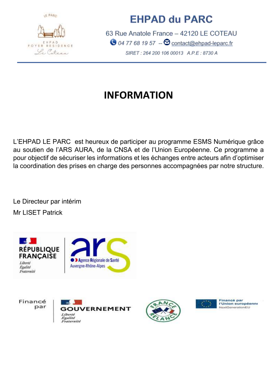 Participation au programme ESMS Numérique - EHPAD LE PARC