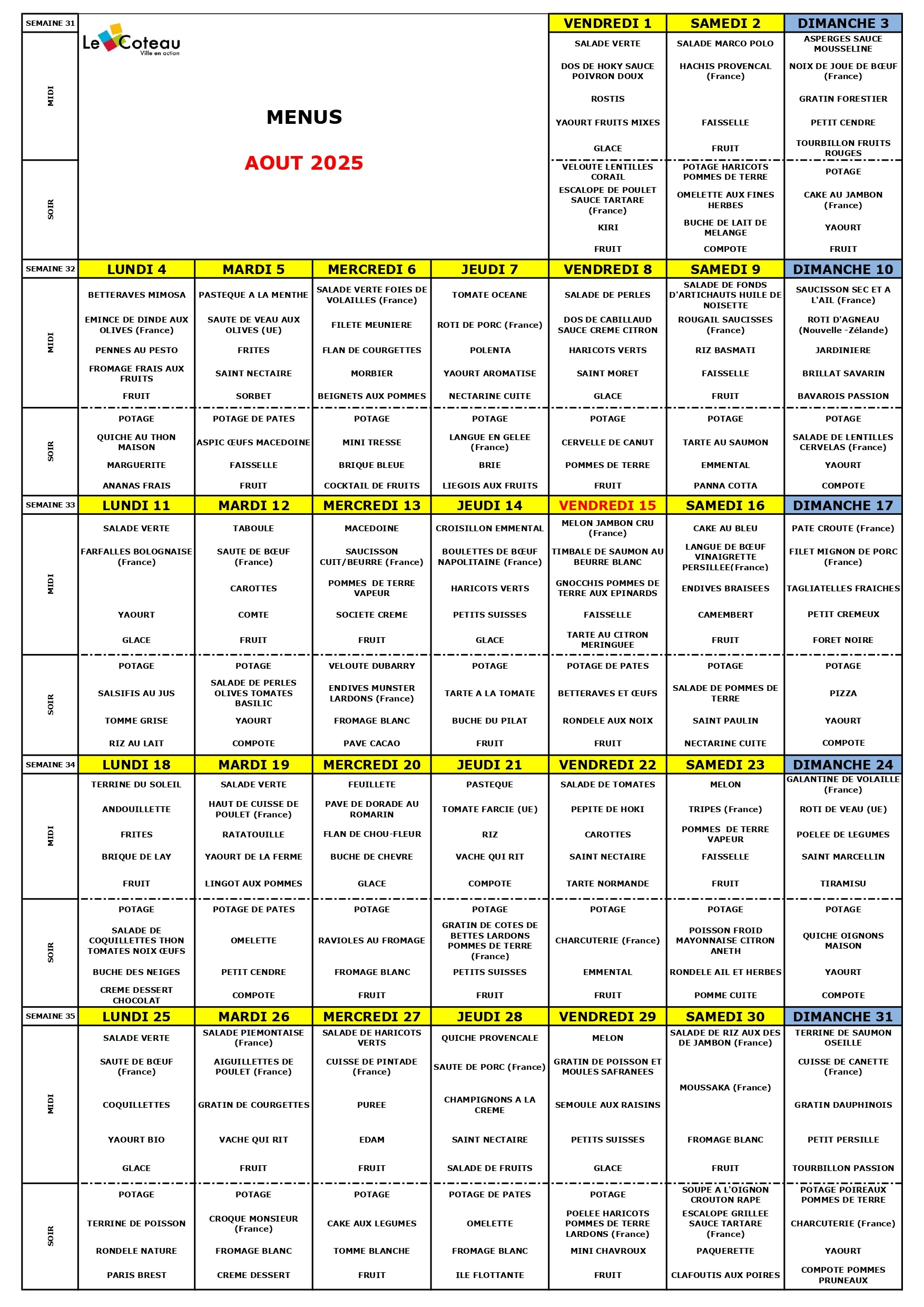 Menus Août et Septembre 2025 - EHPAD LE PARC